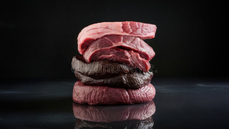 A Stack of Meat on a Black Surface with Reflections, AI Stock Image ...