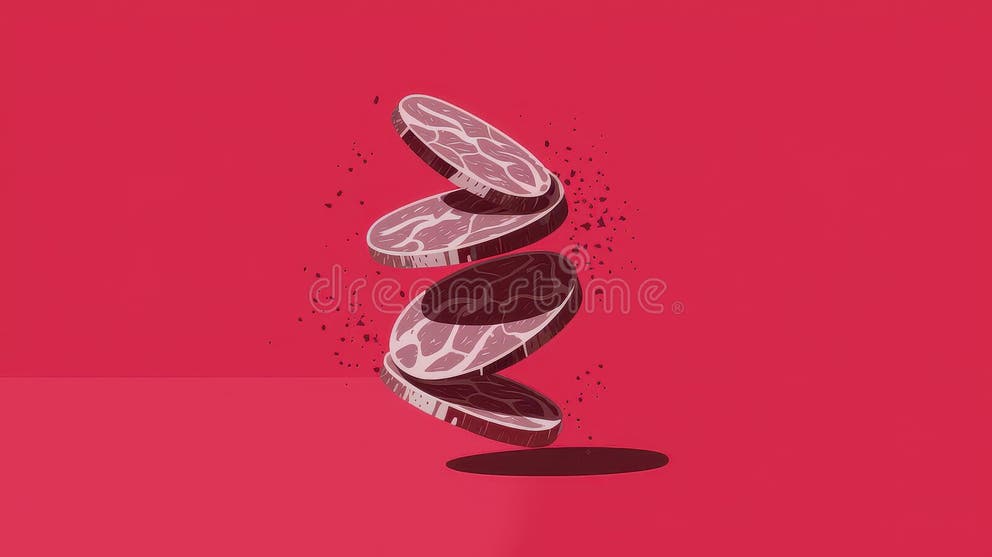 Stack of Meat Slices on a Red Background Stock Illustration ...