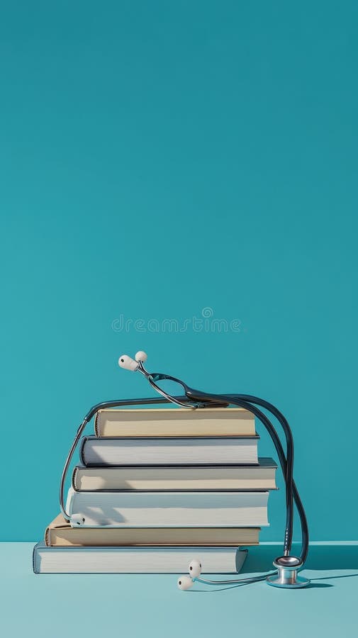Stack of Medical Books with Stethoscope on Teal Background Stock Photo ...