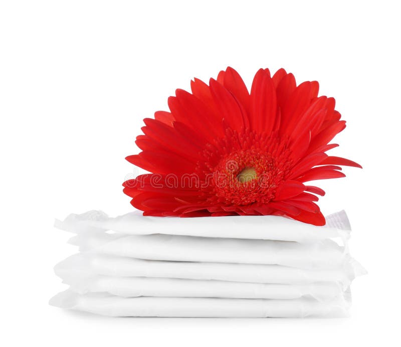 Stack of Menstrual Pads and Gerbera Flower on White Background. Stock ...