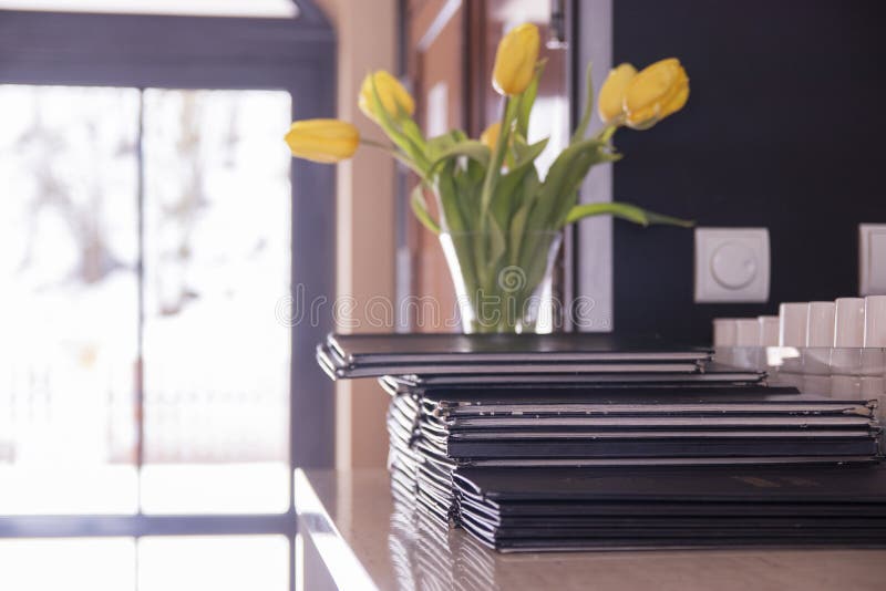 Stack of Menus Lying on Table at a Coffee Shop on a Winter Day. Stock ...