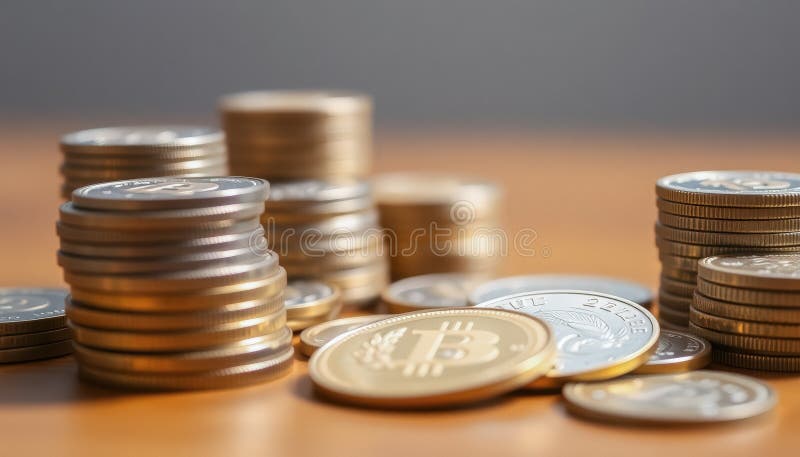 Stack of Metal Coins on Wooden Tabletop in Minimalist Style. Stock ...