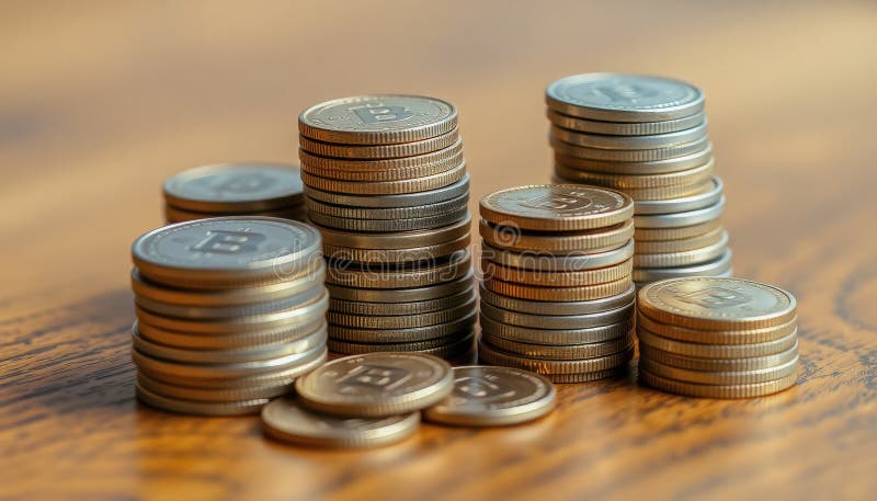 Stack of Metal Coins on Wooden Tabletop in Minimalist Style. Stock ...