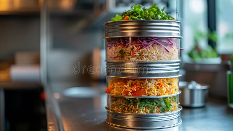 A Stack of Metal Containers Filled with Food on a Counter, AI Stock ...