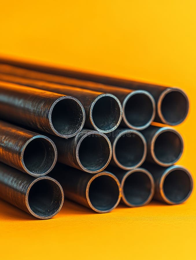 Stack of Metal Pipes on a Yellow Background. Stock Image - Image of ...