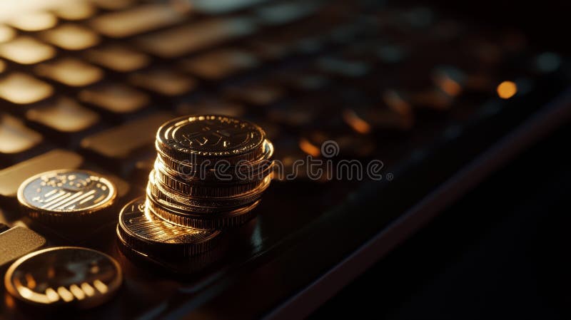 Stack of Metallic Coins on a Computer Keyboard in Natural Light ...