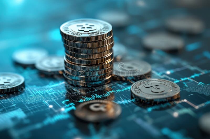 A Stack of Metallic Coins on a Digital Financial Chart with Glowing ...