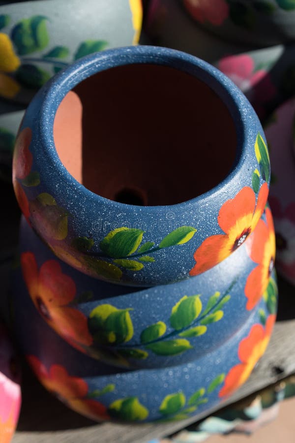 Stack of Mexican Ceramic Pots, Blue and Grey Painted Floral Patterns ...
