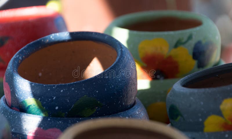 Stack of Mexican Ceramic Pots, Blue and Grey Painted Floral Patterns ...