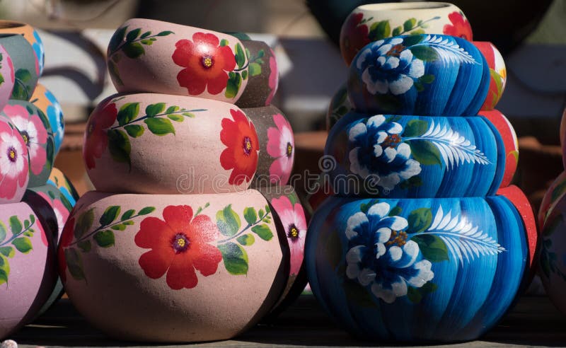 Stack of Mexican Ceramic Pots, Blue and Pink Painted Floral Patterns ...