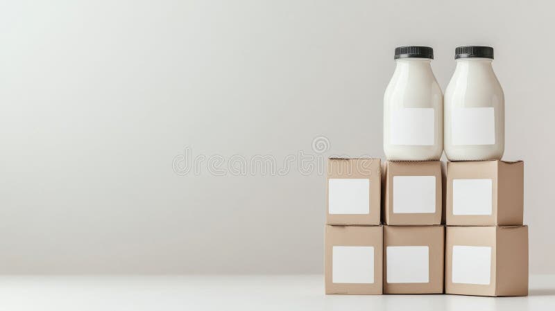 Stack of Milk Cartons with Different Blank Labels on Simple Background ...