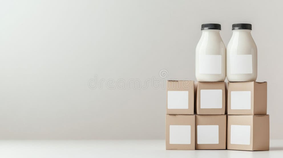 Stack of Milk Cartons with Different Blank Labels on Simple Background ...