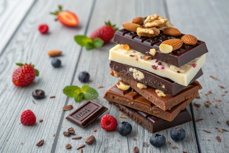 Stack of Milk and Dark Chocolate with Nuts, Caramel and Fruits and ...