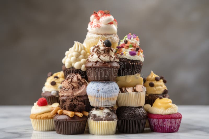 Stack of Mini Cupcakes in Assorted Flavors and Designs Stock ...