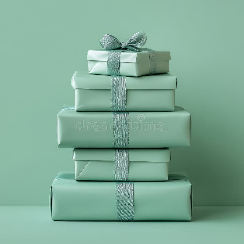Stack of Mint Green Gift Boxes with Ribbons on a Matching Background ...
