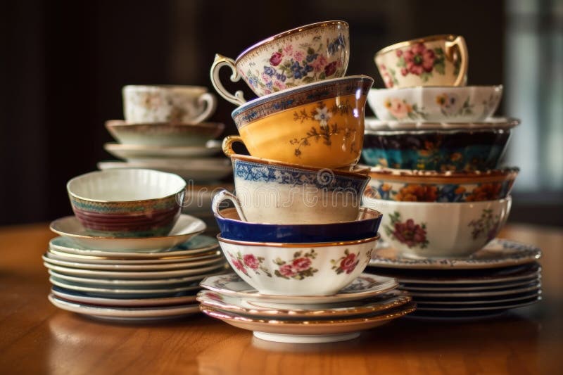 Stack of Mismatched Teacups on a Table Stock Illustration ...
