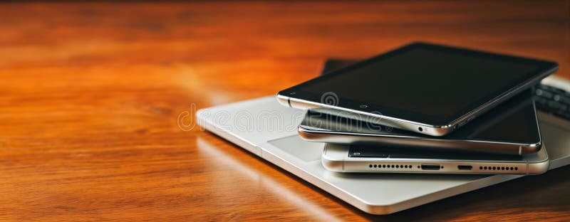 Stack of Modern Gadgets on Wooden Table: Tablets and Laptop in Close-Up ...