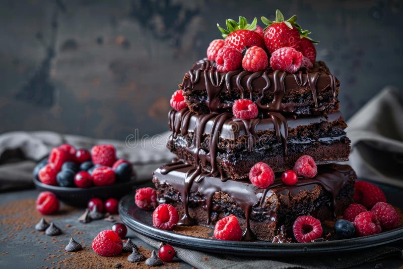 Decadent Chocolate Berry Cake with Dripping Ganache Stock Image - Image ...