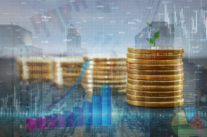 A Stack of Money Growth Coins. Double Exposure of Graph and Rows of ...