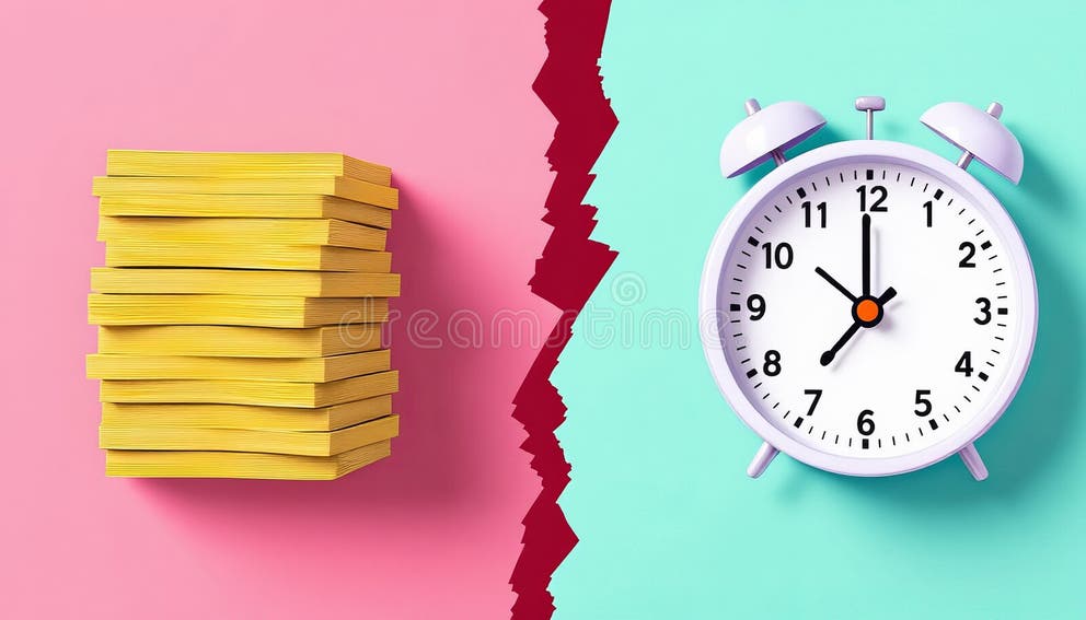 A Stack of Money on One Side, a Clock on the Other, Emphasizing Wealth ...