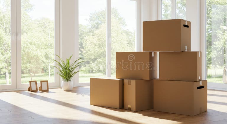 Stack of Moving Boxes in a Bright Room with Large Windows. Stock Photo ...