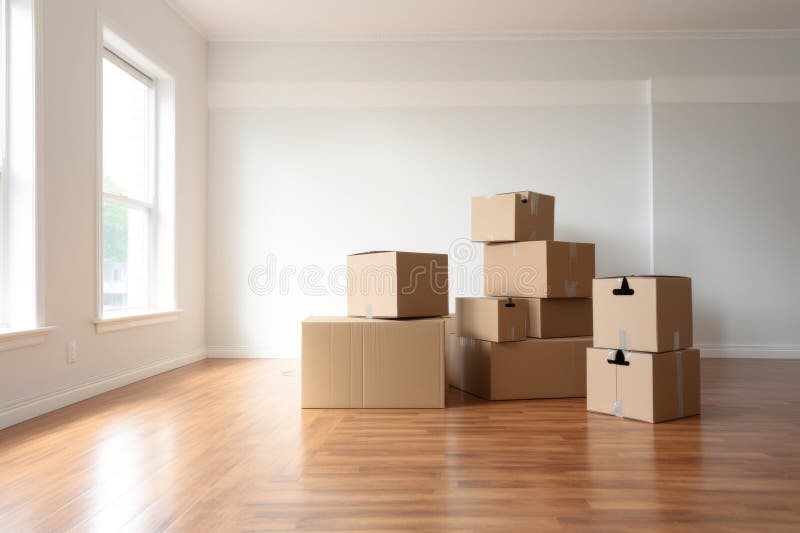 Stack of Moving Boxes in a Clean, Empty Room Stock Image - Image of ...