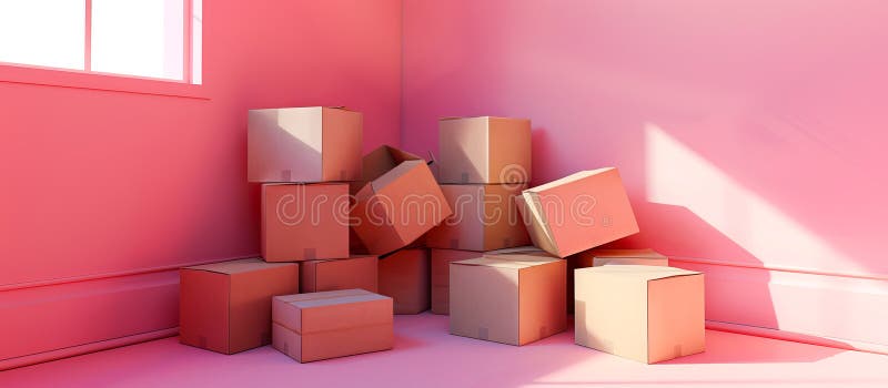 Stack of Moving Boxes in Pink Empty Room with Sunlight Stock Photo ...
