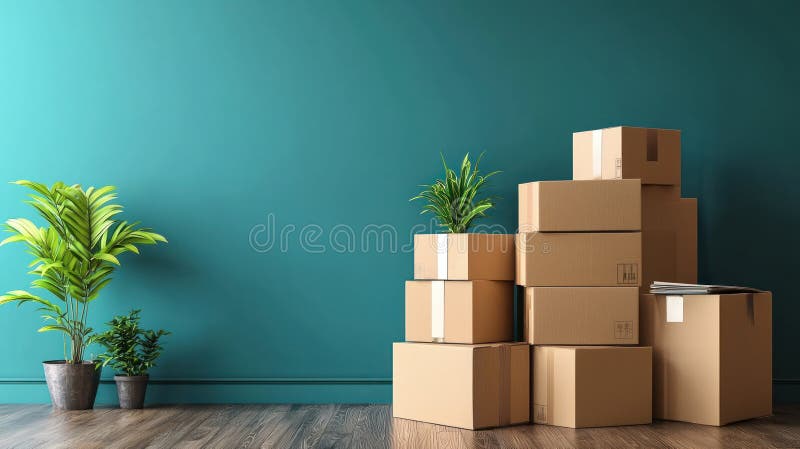 Stack of Moving Boxes with Plants Against Teal Wall, Creating Cozy ...