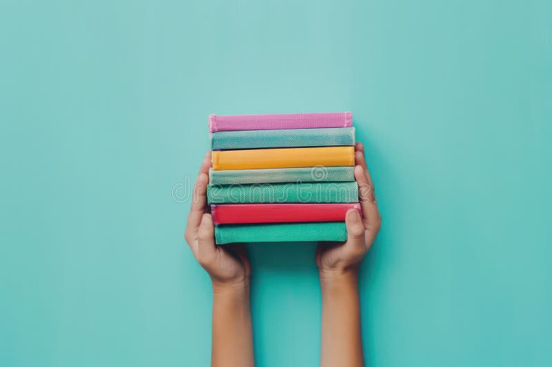 Stack of Multi-colored Books in Hands on Blue Background. Generative AI ...