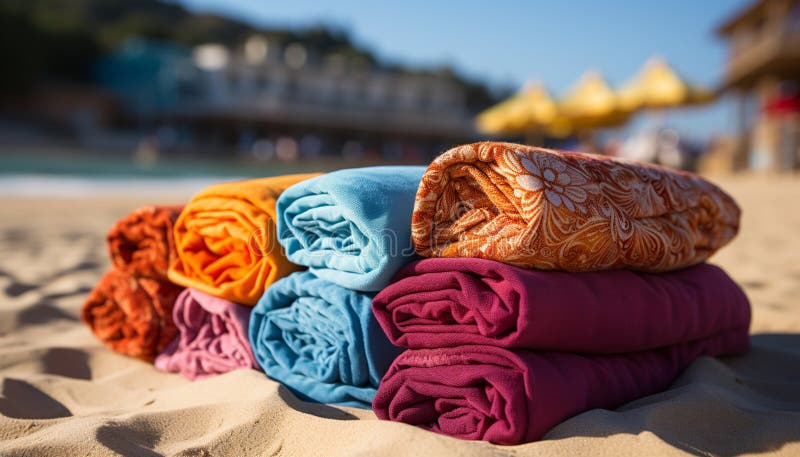 Stack of Multi Colored Towels on Sandy Beach, Perfect for Summer ...