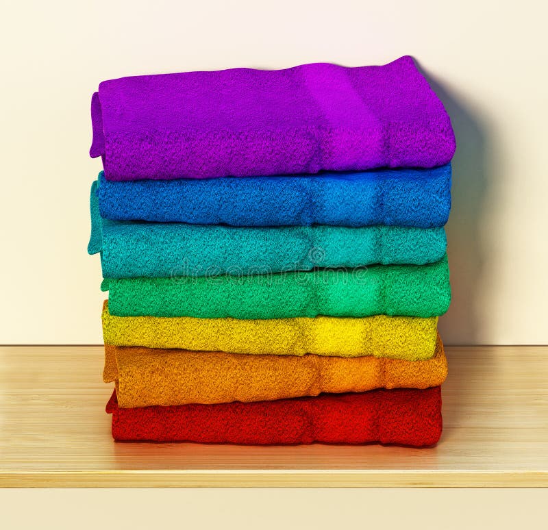 Stack of Multi-colored Towels Standing on the Shelf. 3D Illustration ...