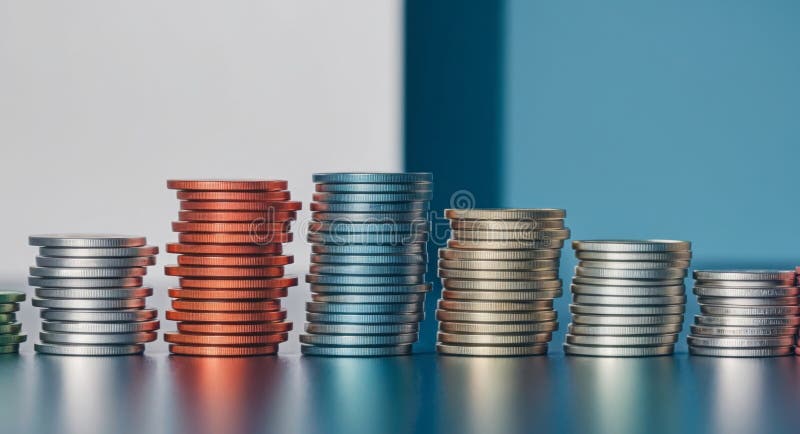 A Stack of Multicolored Coins on a Blue Background. Stock Photo - Image ...