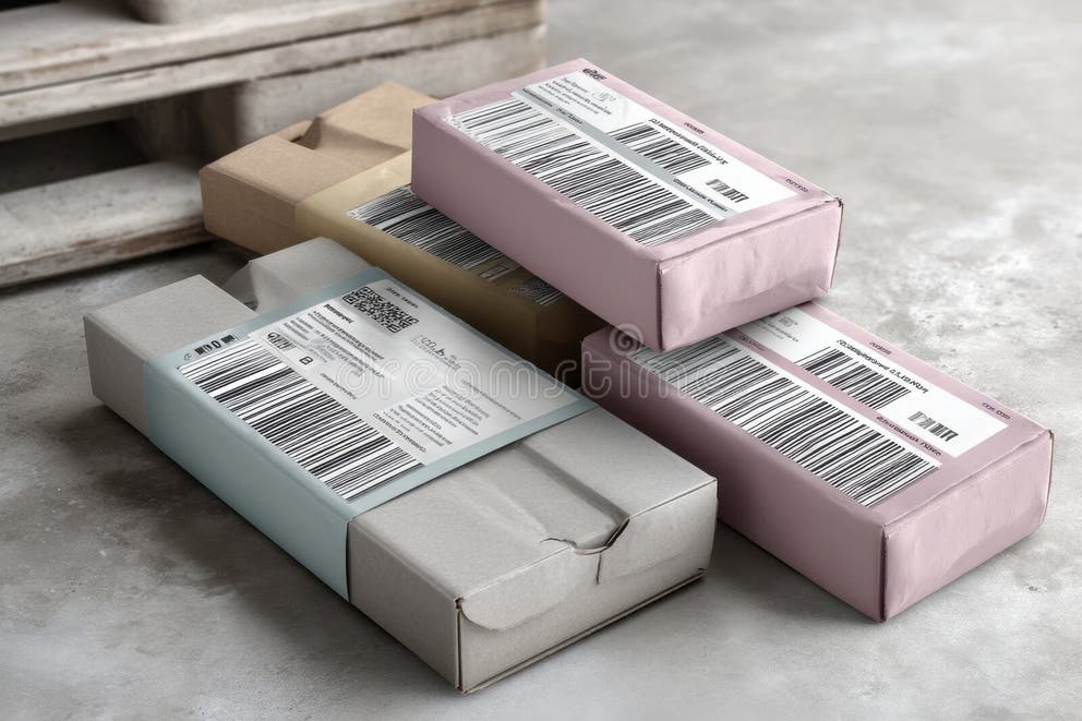 Stack of Multicolored Delivery Parcels with Shipping Labels on Concrete ...