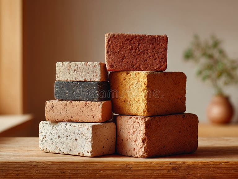 Stack of Multicolored Handmade Clay Bricks on Wooden Surface in Natural ...