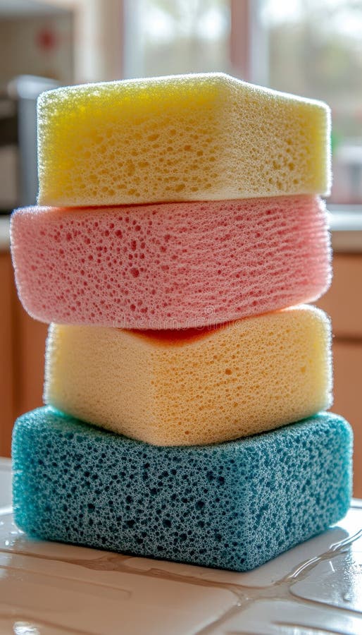 Stack of Multicolored Sponges Close-up View of Textured Cleaning Tools ...