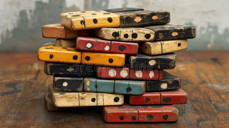 Stack of Multicolored Wooden Dominoes on Rustic Table Stock Photo ...