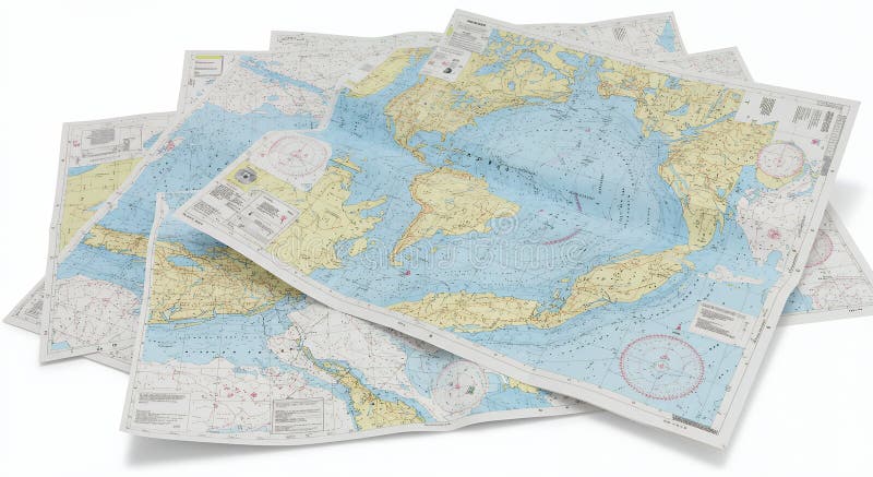 Stack of Nautical Charts Displaying Coastal Regions on a White ...