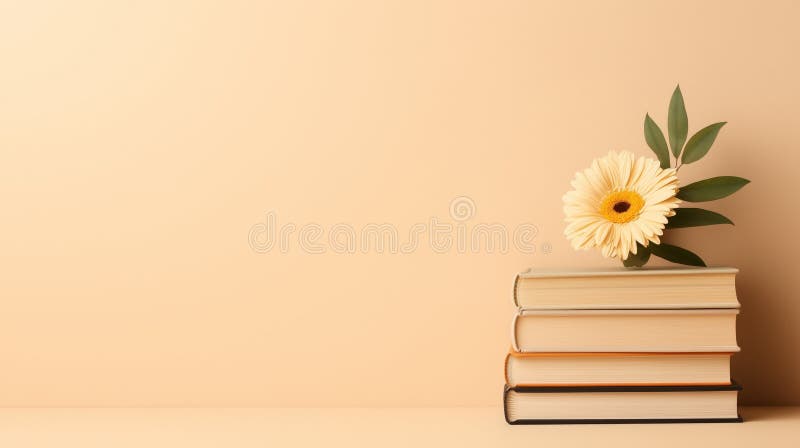 Stack of Neatly Arranged Books with a Single Flower Placed on Top ...