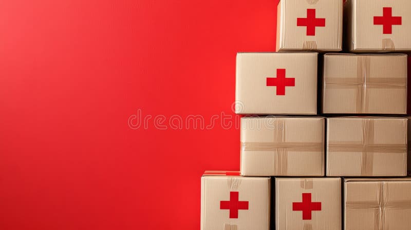 Stack of Neatly Arranged Emergency Relief Boxes on Red Background Stock ...