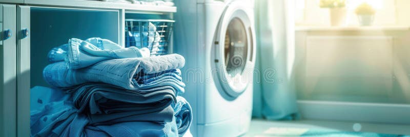 Stack Neatly Folded Clean Laundry Sits Washing Machine Bathroom Ready ...