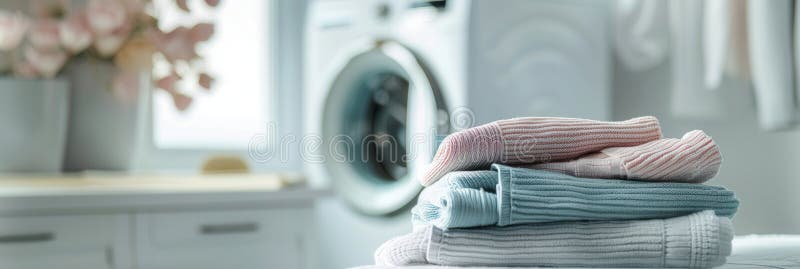 A Stack of Neatly Folded Clean Laundry Sits beside a Washing Machine in ...