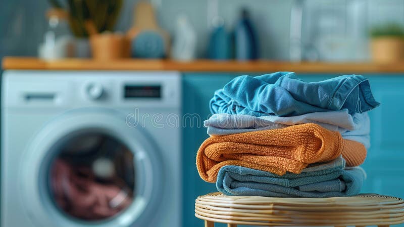 A Stack of Neatly Folded Clean Laundry Sits on a Woven Stool Next To a ...