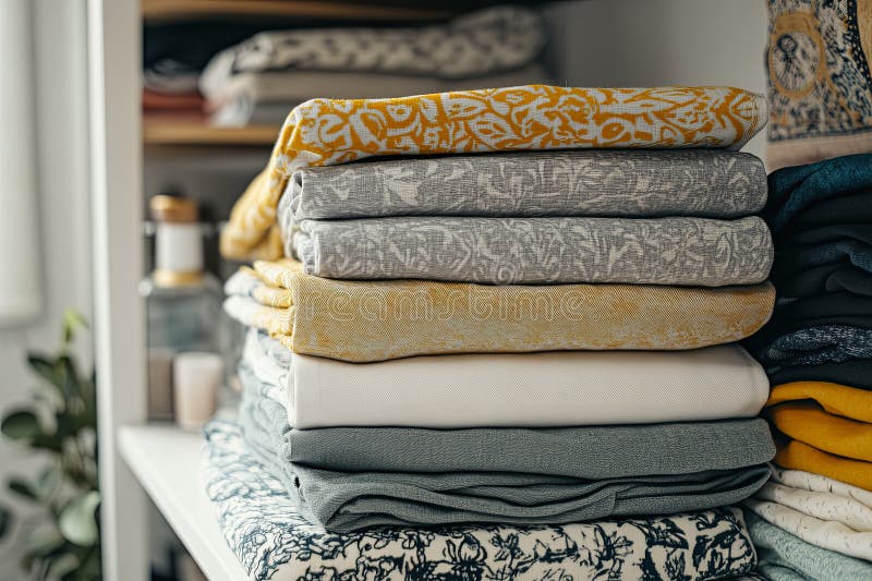 A Stack of Neatly Folded Clothes on a Bright Shelf in a Modern Stock ...