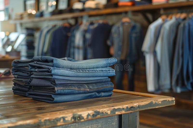 Folded Denim Jeans Displayed on a Wooden Table in a Clothing Store with ...