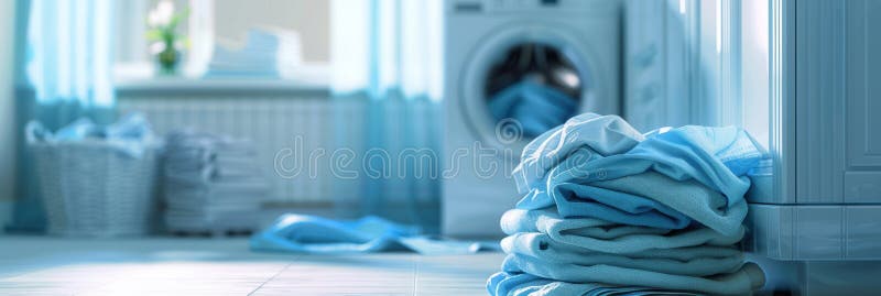A Stack of Neatly Folded Laundry Sits in a Clean Bathroom, beside a ...