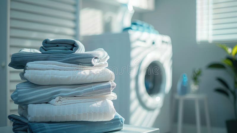 A Stack of Neatly Folded Laundry Sits on a Countertop in Front of a ...