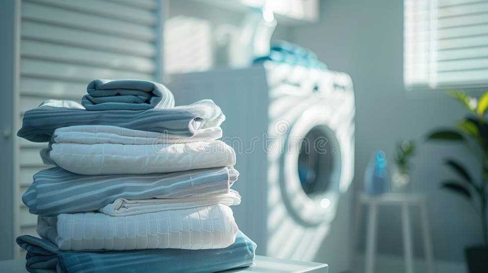 A Stack of Neatly Folded Laundry Sits on a Countertop in Front of a ...