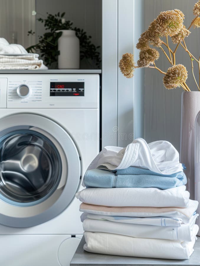A Stack of Neatly Folded Laundry Sits beside a Modern Washing Machine in a Contemporary Home ...