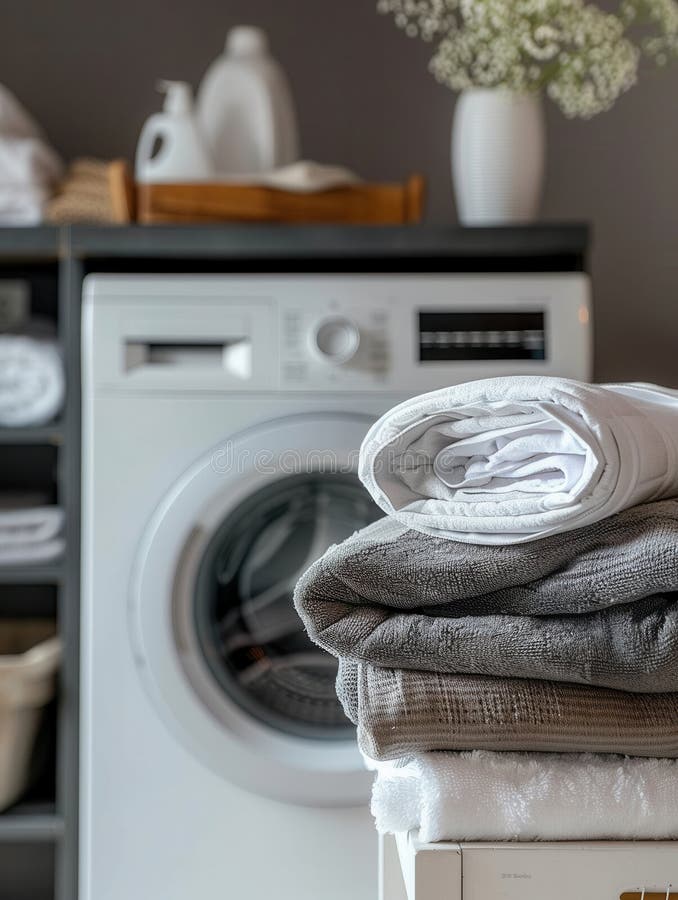 A Stack of Neatly Folded Laundry Sits on a White Surface Near a Modern ...
