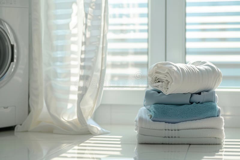 A Stack of Neatly Folded Laundry Sits on a White Surface Next To a ...
